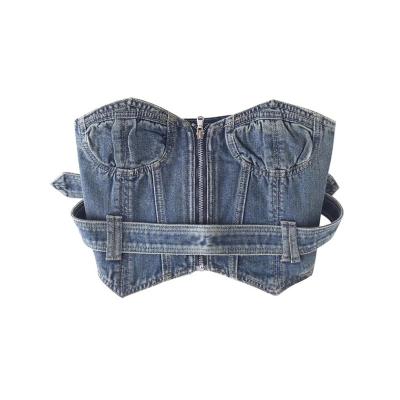 China Blue Denim Women Sleeveless Tank Tops Zipper Short Wipe Bosom for sale