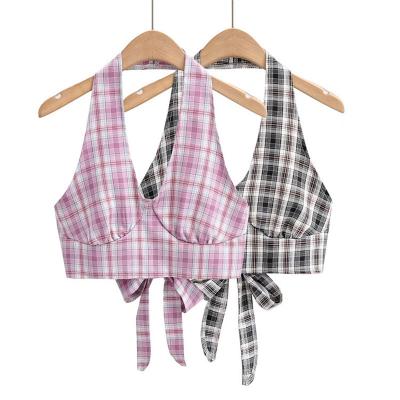 China Deep V Neckline Purple white black Plaid Crop Vest womens cotton sleeveless tops for sale