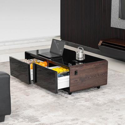 China Music Player Living Room Furniture Adjustable Smart Coffee Table with Wireless Charger Mini Refrigerator for sale