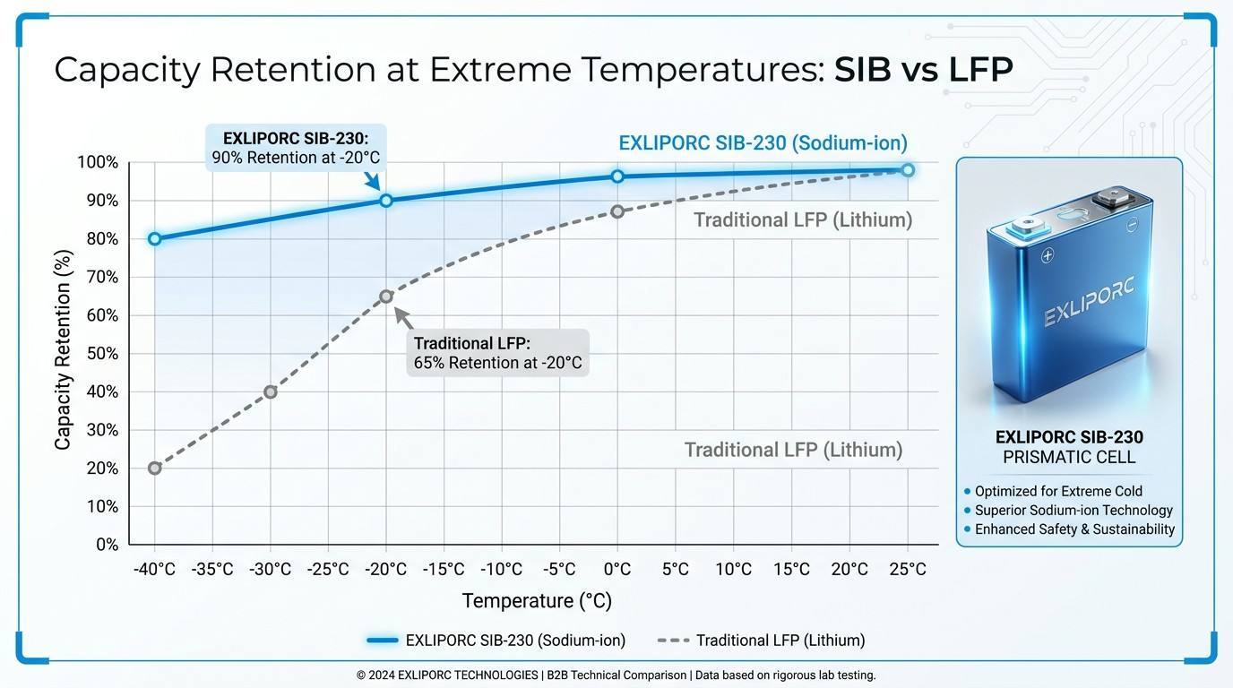 Sodium-ion vs LiFePO4 cold temperature capacity retention chart