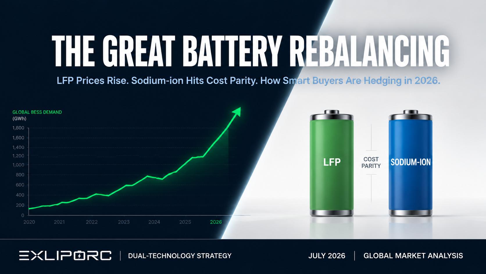 EXLIPORC dual-technology LFP and sodium-ion energy storage strategy as global BESS demand hits 600 GWh and SIB reaches cost parity in 2026