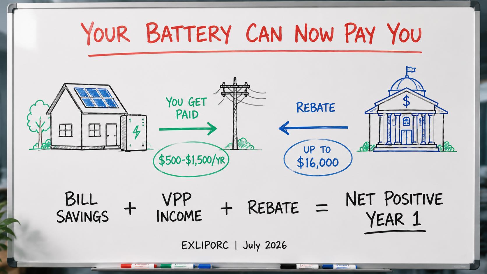 Home battery VPP earnings 2026 $1500 per year plus SGIP rebate up to $16000 EXLIPORC residential energy storage virtual power plant