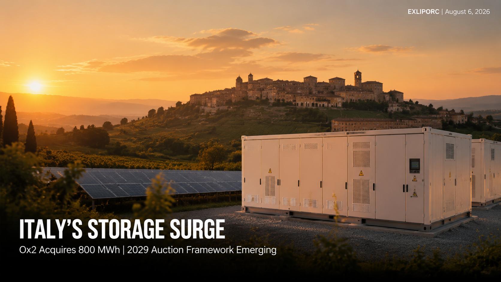 Italy BESS market OX2 800 MWh Hanwha acquisition 2029 auction cap Europe storage hotspot EXLIPORC August 2026