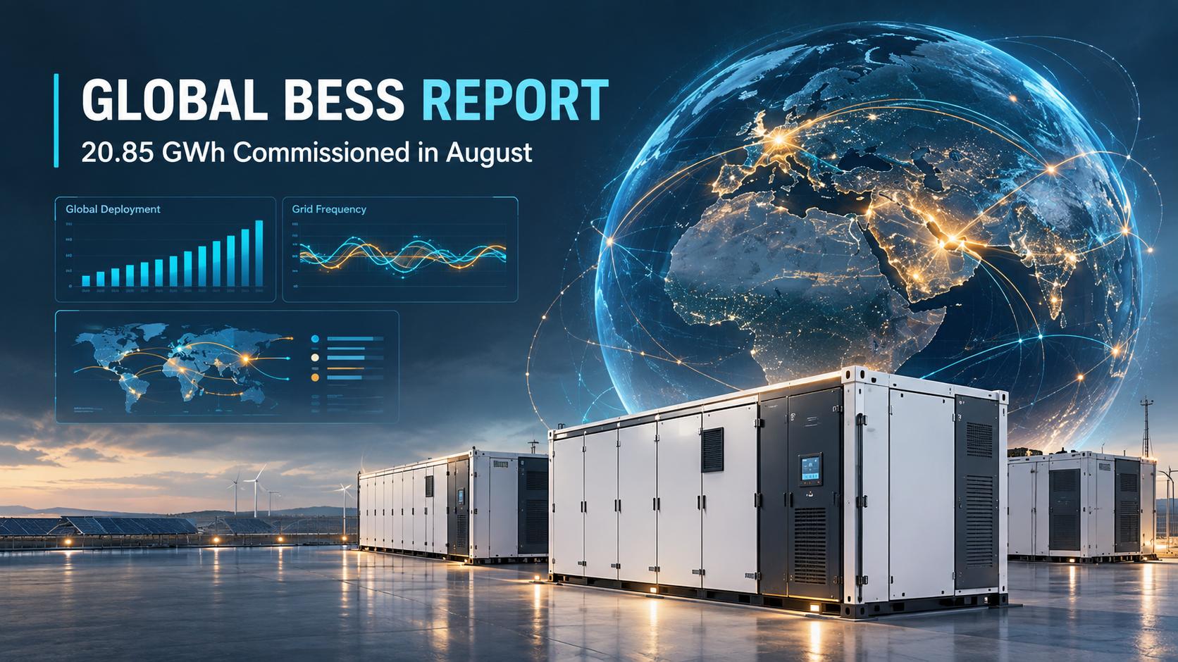 Global map infographic and industrial BESS battery cabinets showing 20.85GWh energy storage deployments in August 2026 with Saudi Arabia and Europe growth