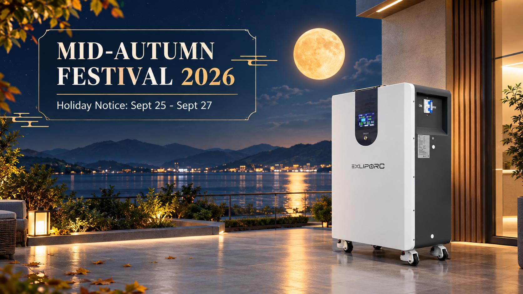 Modern energy storage battery cabinet under a glowing full moon with warm ambient lighting celebrating Mid-Autumn Festival 2026