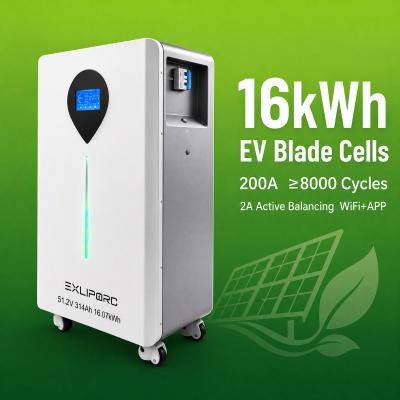 China EXLIPORC LVB16WTC 16kWh 51.2V 314Ah LiFePO4 Solar Battery with EV Blade Cells, 8000+ Cycles and Active Balancing BMS for Home Energy Storage for sale