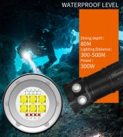China Waterproof High Brightness LED Flashlight 300W Max 18000LM White Four 18650 Battery for sale