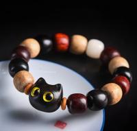 China Small Leaf Red Sandalwood Bracelet Cute Cat Engraved Ebony Wood Protection Bracelet for sale