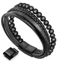 China Natural Lava Rock Black Onyx Bead Leather Bracelet for sale