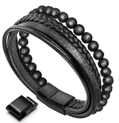 China Natural Lava Rock Black Onyx Bead Leather Bracelet for sale