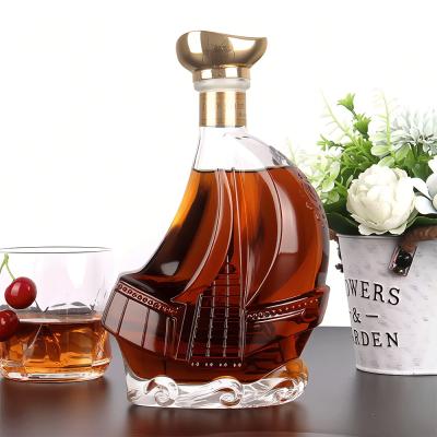 China Custom Boat Shaped Glass Liquor Bottle With Super Flint Transparency Cork Stopper For Whiskey Vodka Rum for sale
