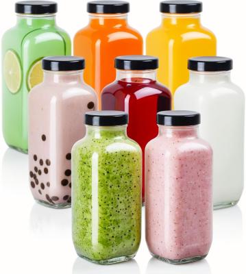 China French Square Glass Juice Bottle with Screw Cap Customizable Printing for Cold Pressed Juice Beverages for sale