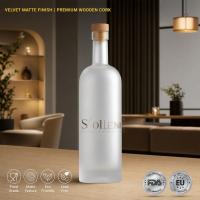 China Solent 500ml Frosted Glass Liquor Bottle With Wooden Cork For High Flint Spirits Packaging for sale