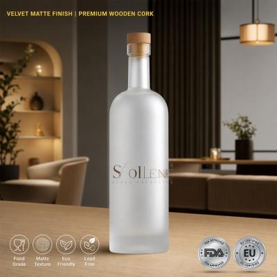 China Solent 500ml Frosted Glass Liquor Bottle With Wooden Cork For High Flint Spirits Packaging for sale
