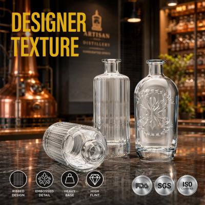 China Vertical Ribbed Floral Embossed Glass Liquor Bottle With Heavy Base For Spirits for sale