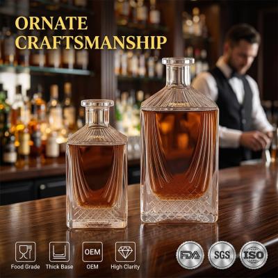 China Square Shape Fluted Design Glass Liquor Bottle With Cork Sealing For Whiskey Brandy for sale