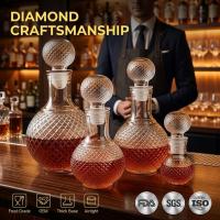 China Diamond Texture Round Glass Liquor Bottle With Airtight Cork FDA Certified For Spirits for sale