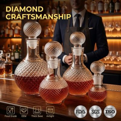 China Diamond Texture Round Glass Liquor Bottle With Airtight Cork FDA Certified For Spirits for sale