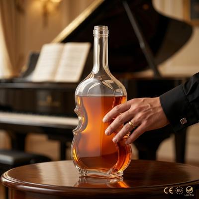 China 750ml Violin Shaped Glass Bottle Guitar Shape Glass Jar With Cork Sealing For Decorative Honey Spirits for sale