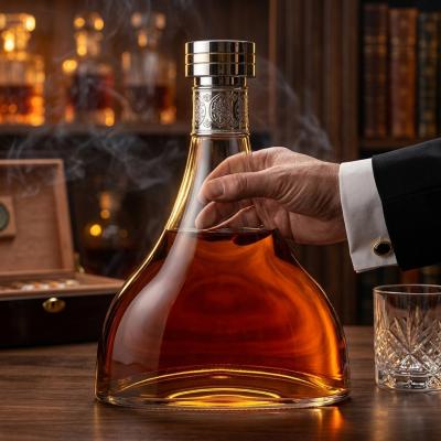 China 750ml Luxury Liquor Glass Decanter Bottle With Metallic Neck Cap Heavy Bottom for sale