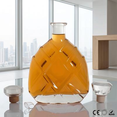 China Geometric Faceted Heavy Base Diamond Cut Glass Liquor Bottle Spirits Decanter For Luxury Bar for sale