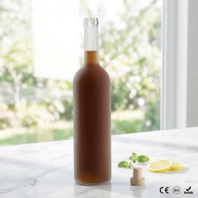 China High Flint Frosted Glass Bottle With Wooden Stopper Cork Matte Finish For Luxury Spirits for sale