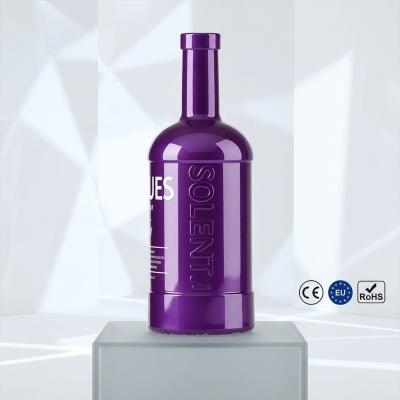 China 750ml Purple Matte Glass Liquor Bottle With Metallic Finish For Luxury Spirits for sale