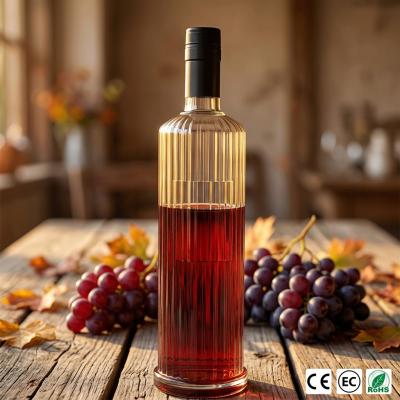 China Clear Round Glass Wine Bottle With Vertical Stripe Cork Seal For Whisky Vodka Tequila for sale