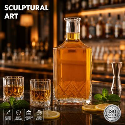 China 750ml High Flint Whiskey Glass Decanter With Organic Sculptural Design Airtight Glass Stopper for sale