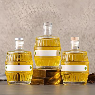 China Custom Barrel Shape 500ml Glass Bottle Borosilicate Glass Liquor Container For Whiskey Vodka Rum Gin Tequila for sale