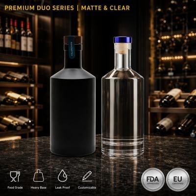 China 750ml Matte Black Liquor Glass Bottle With Heavy Base T Cork For Spirits for sale
