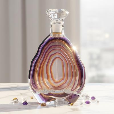 China Custom Luxury 500ml Super Flint Glass Whiskey Bottle With Electroplated Annual Ring Design Crystal Cap for sale