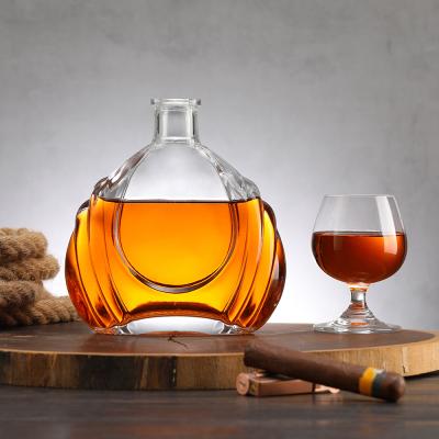 China Custom Lead Free Flat Shape Glass Liquor Bottle With Cork Stopper For Vodka Brandy Spirits for sale