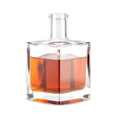 China Custom Square Glass Bottle With Cork Seal Super Flint Design 250ml 500ml 750ml For Whiskey Vodka Gin for sale