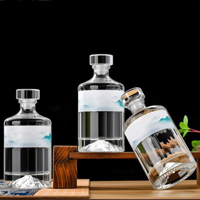 China Mountain Base 500ml Custom Glass Bottles Luxury Liquor Bottle With Cork Sealing Whiskey Vodka Rum for sale