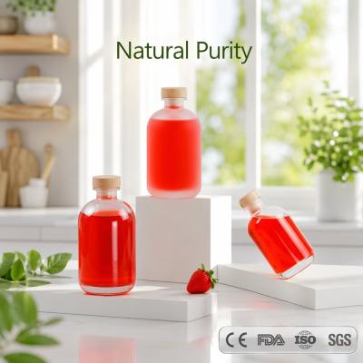 China Frosted Glass Juice Bottle With Wooden Cap Leakproof Sealing Beverage Containers for sale