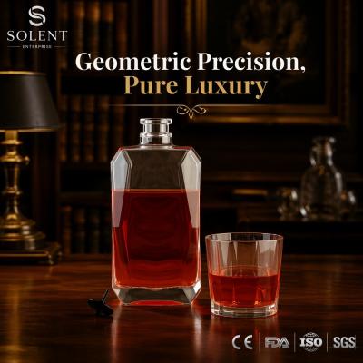 China Geometric Beveled Whiskey Glass Decanter With Faceted Rectangular Design 750ml for sale