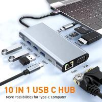China USB C Type C 10 In 1 Docking Station with 4K HDTV VGA Lan RJ45 USB3.0 Card Reader PD for sale