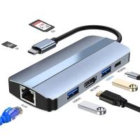 China 7 In 1 USB C USB-C Hub For Macbook Gray HDMI USB 3.0 USB2.0 RJ45 SD/TF Card Reader PD Output for sale