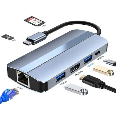 China 7 In 1 USB C USB-C Hub For Macbook Gray HDMI USB 3.0 USB2.0 RJ45 SD/TF Card Reader PD Output for sale