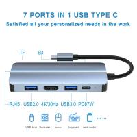China 7 In 1 USB C USB-C Hub For Macbook Gray HDMI USB 3.0 USB2.0 RJ45 SD/TF Card Reader PD Output for sale