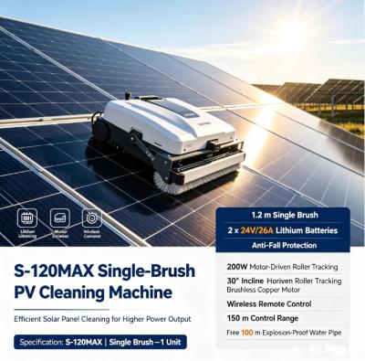 China S-120MAX Solar Panel Cleaning Machine – PV Cleaning Robot with 1.2m Single Brush, Brushless Copper Motor & 150m Wireless Remote Control for sale