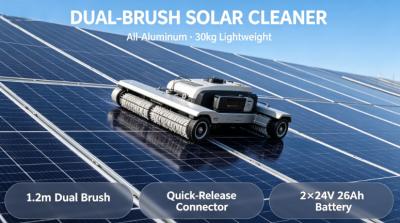 China Dual-Brush Solar Panel Cleaning Machine – All-Aluminum 30kg, 1.2m Dual Brush, Brushless Motor, 2×24V Lithium Battery, 150m Remote Control for sale