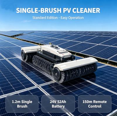 China Solar Panel Cleaning Machine – Single-Brush PV Cleaner with 1.2m Brush, 24V 52Ah Lithium Battery & 150m Remote Control for sale