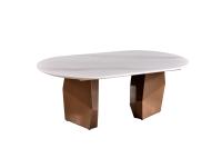China T1055 Oval White Marble coffee Table with Geometric Bronze Base Modern Minimalist for sale