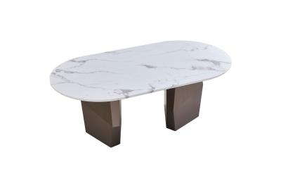 China T1055 Oval White Marble coffee Table with Geometric Bronze Base Modern Minimalist for sale