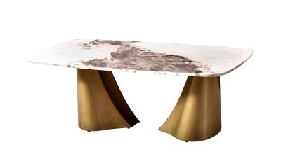 China T1056 Luxury Curved Brass Base Marble coffee Table Sculptural Wave Brushed Gold Base Marble coffee Table for sale