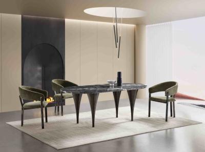 China T1032 Designer Dark Marble Oval Dining Table with Conical Bronze Metal Legs for sale
