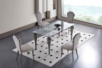 China T946 Modern Clear Tempered Glass Rectangular Dining Table with Sculptural Tapered Gunmetal Metal Legs for sale