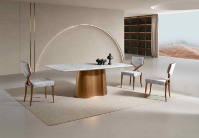 China T1039 Modern Light Luxury Rectangular artificial marble Dining Table with Sculptural Curved Bronze Metal Base for sale
